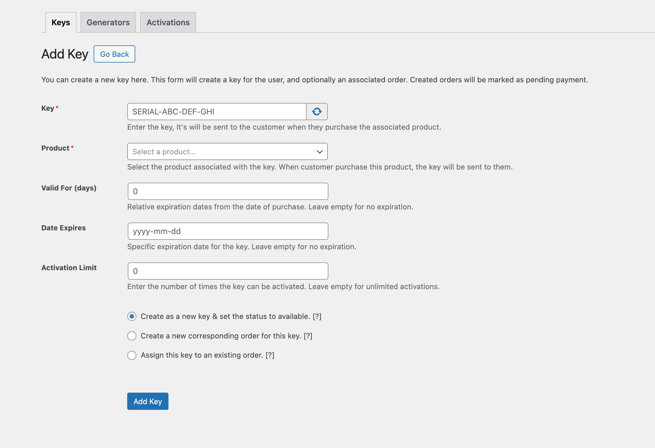 How to Add a Key - WC Key Manager